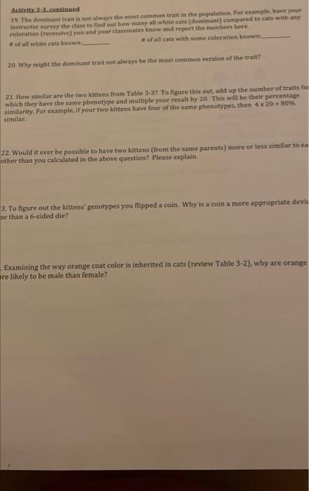Solved Activity 3-3.continued 19. The dominant trait is not | Chegg.com