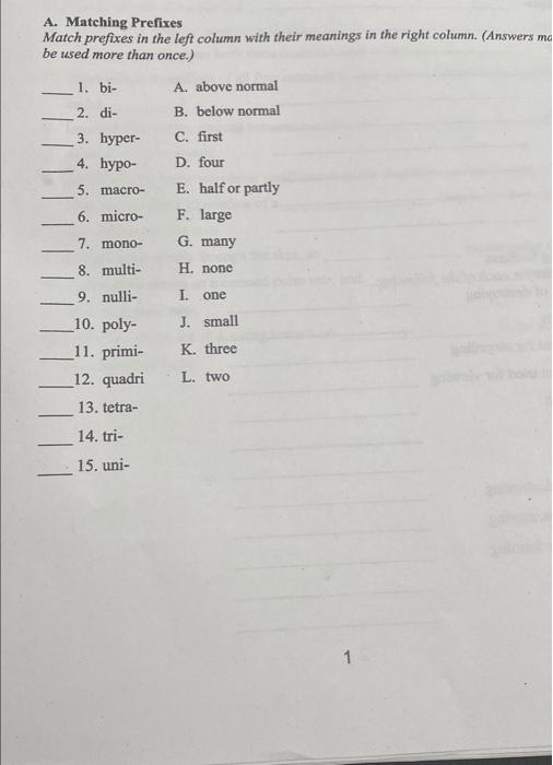 Solved A. Matching Prefixes Match prefixes in the left | Chegg.com