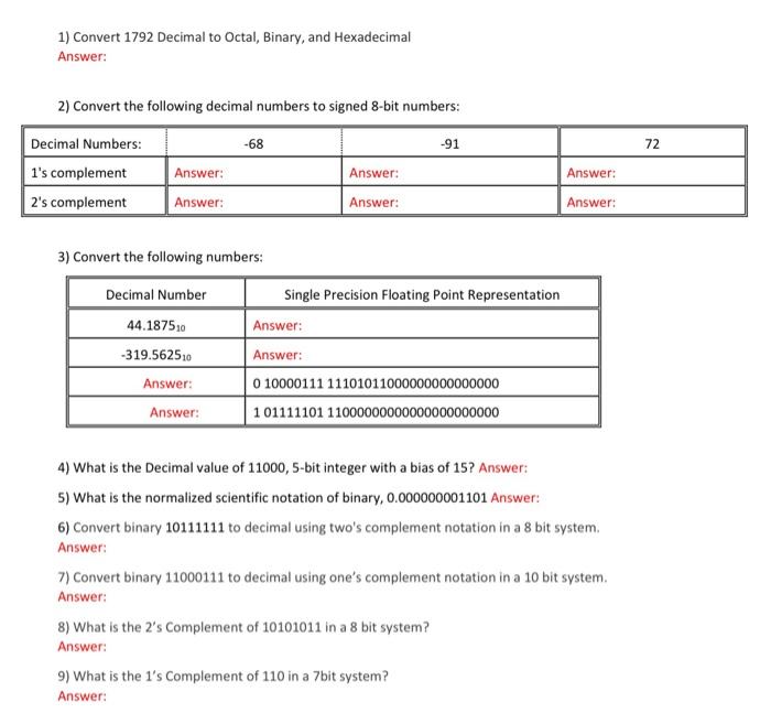 Solved 1) Convert 1792 Decimal to Octal, Binary, and | Chegg.com