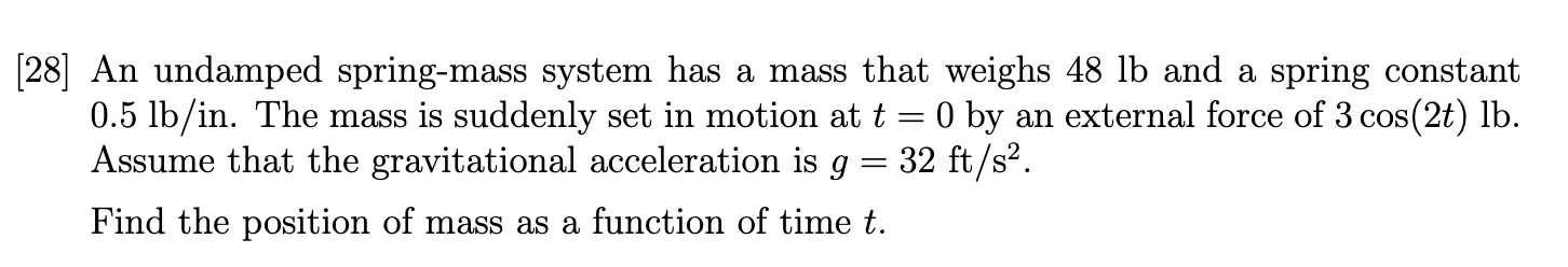 Solved [28] ﻿An undamped spring-mass system has a mass that | Chegg.com