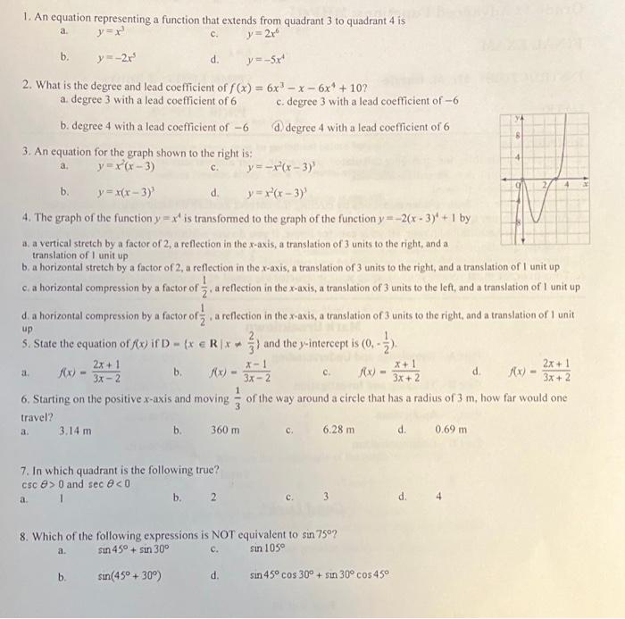 Solved 1. An equation representing a function that extends | Chegg.com