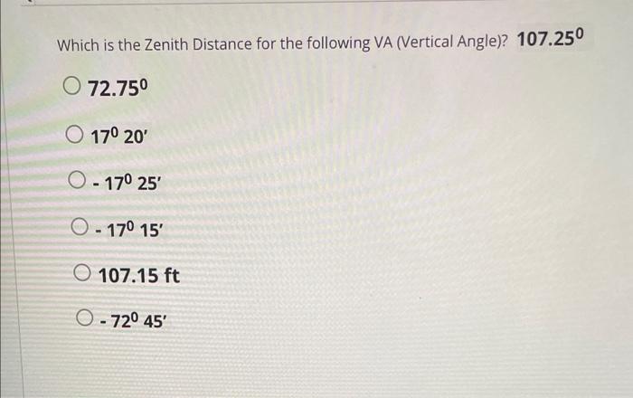 Solved Which is the Zenith Distance for the following VA | Chegg.com