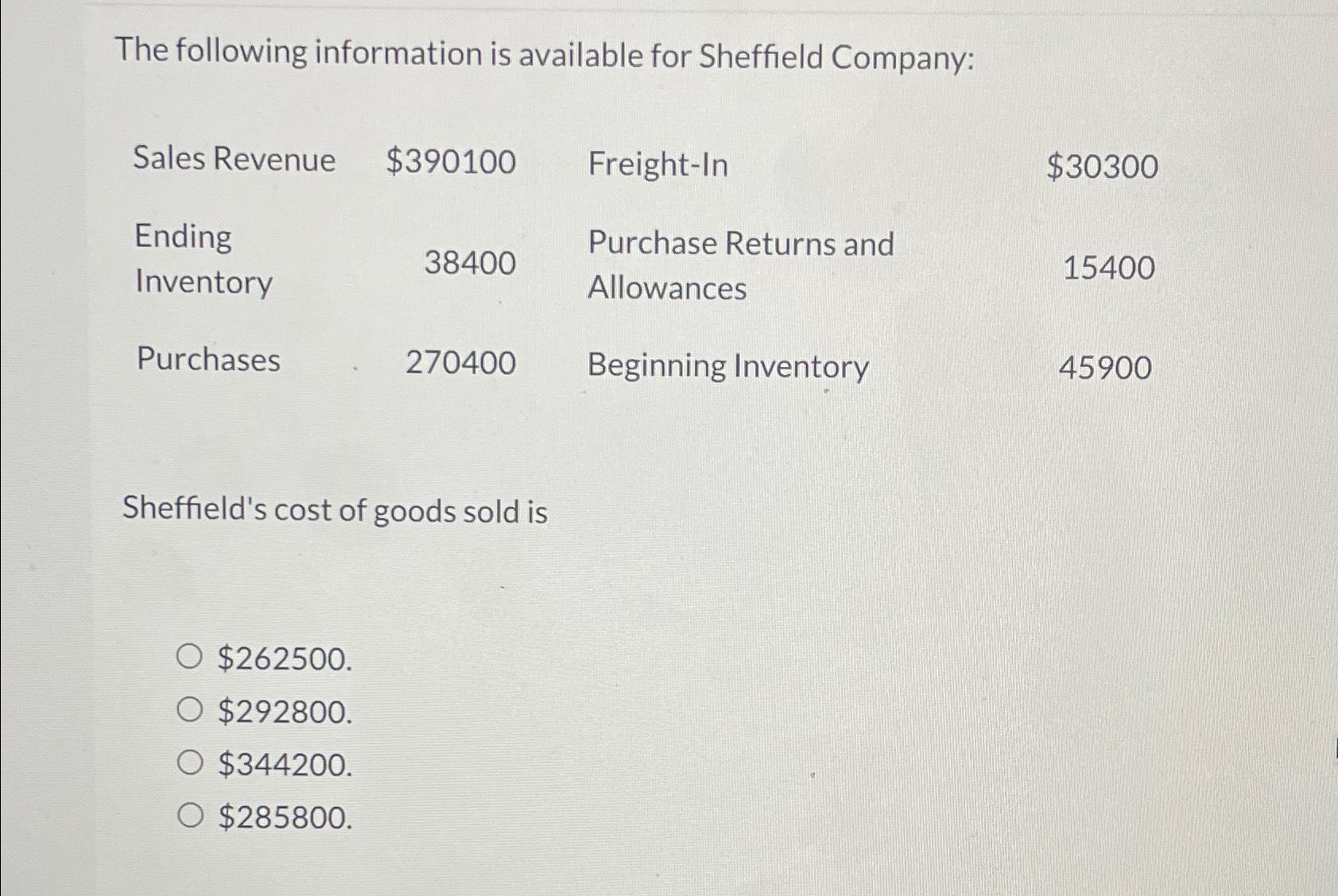 Solved The following information is available for Sheffield | Chegg.com