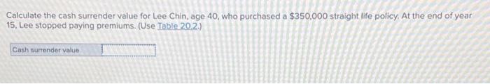 Solved Calculate the cash surrender value for Lee Chin, age | Chegg.com