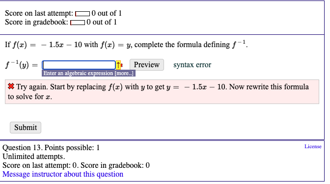 Solved If f(x)=-1.5x-10 ﻿with f(x)=y, ﻿complete the formula | Chegg.com