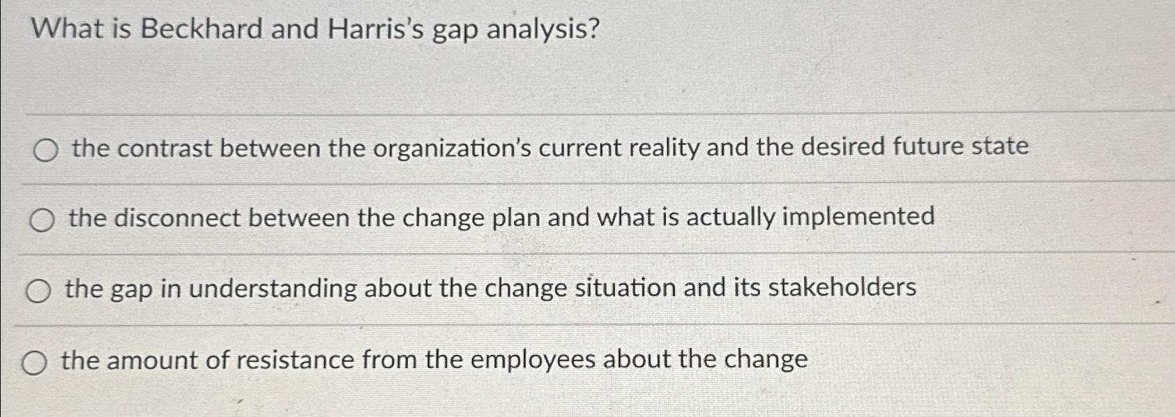 Solved What is Beckhard and Harris's gap analysis?the | Chegg.com