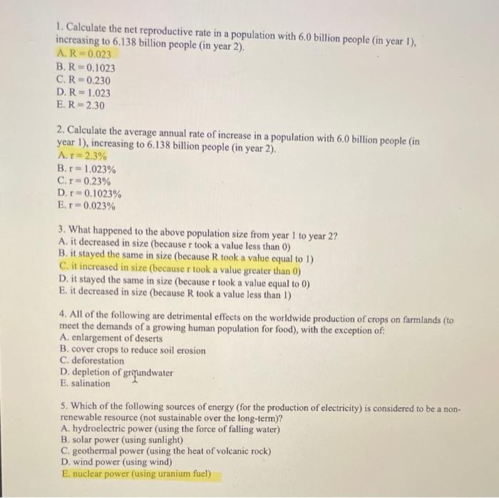 Solved 1. Calculate the net reproductive rate in a | Chegg.com