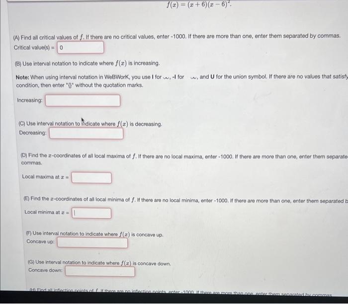 Solved f(x)=(x+6)(x−6)2 Find all critical values of f. If | Chegg.com