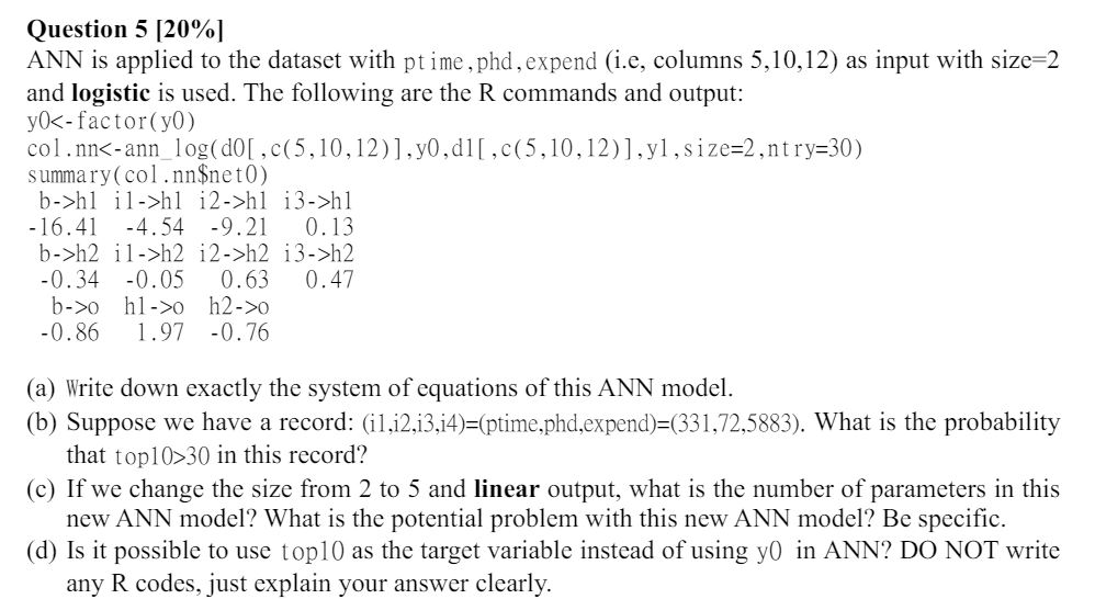Solved Question 5[20%]ANN is applied to the dataset with | Chegg.com