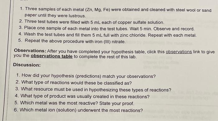 1. Three samples of each metal (Zn,Mg,Fe) were | Chegg.com