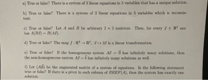 Solved a) True or false? There is a system of 3 linear | Chegg.com
