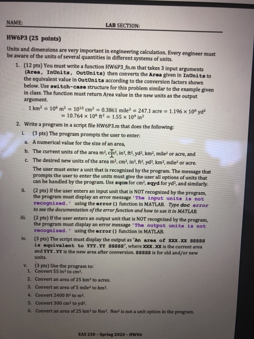 Solved NAME: LAB SECTION: HW6P3 (25 points) Units and | Chegg.com
