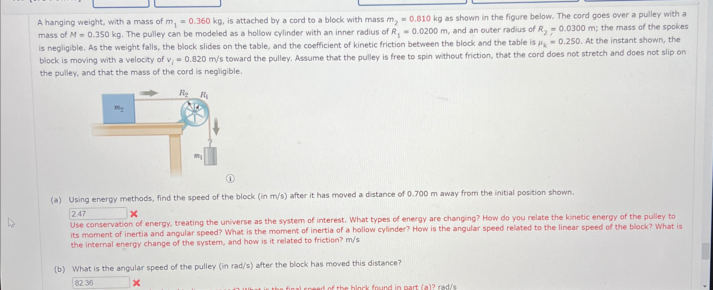 Solved A hanging weight, with a mass of m1=0.360kg, ﻿is | Chegg.com