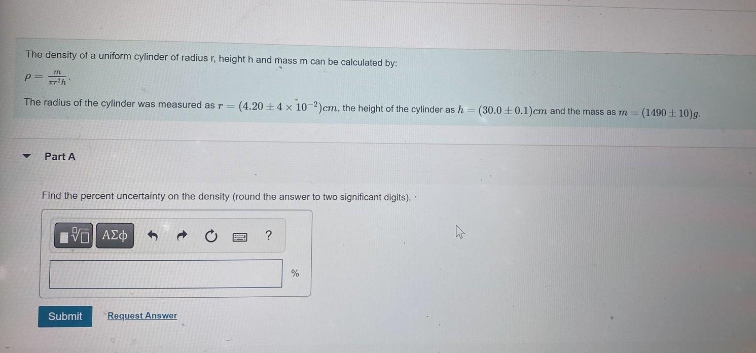 Solved The density of a uniform cylinder of radius r, height | Chegg.com