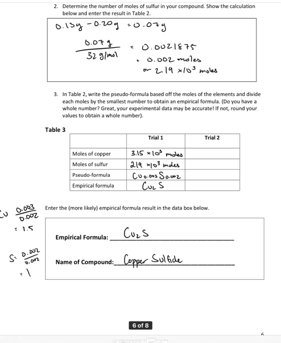 Solved 2. Determine the number of moles of sulfur in your | Chegg.com