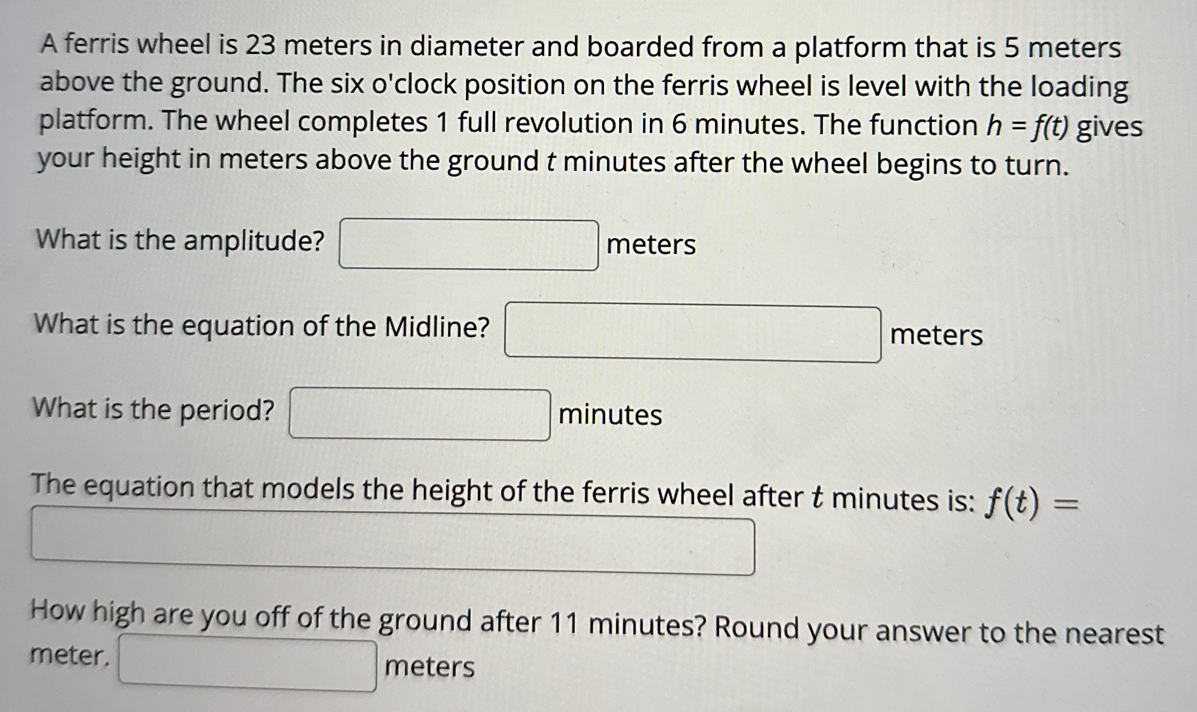Solved A ferris wheel is 23 ﻿meters in diameter and boarded | Chegg.com