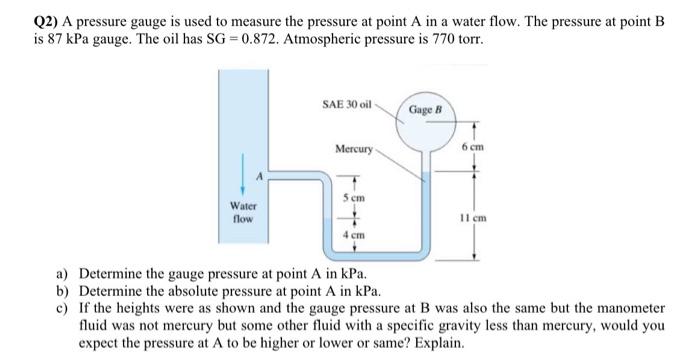 Solved Q2) A pressure gauge is used to measure the pressure | Chegg.com