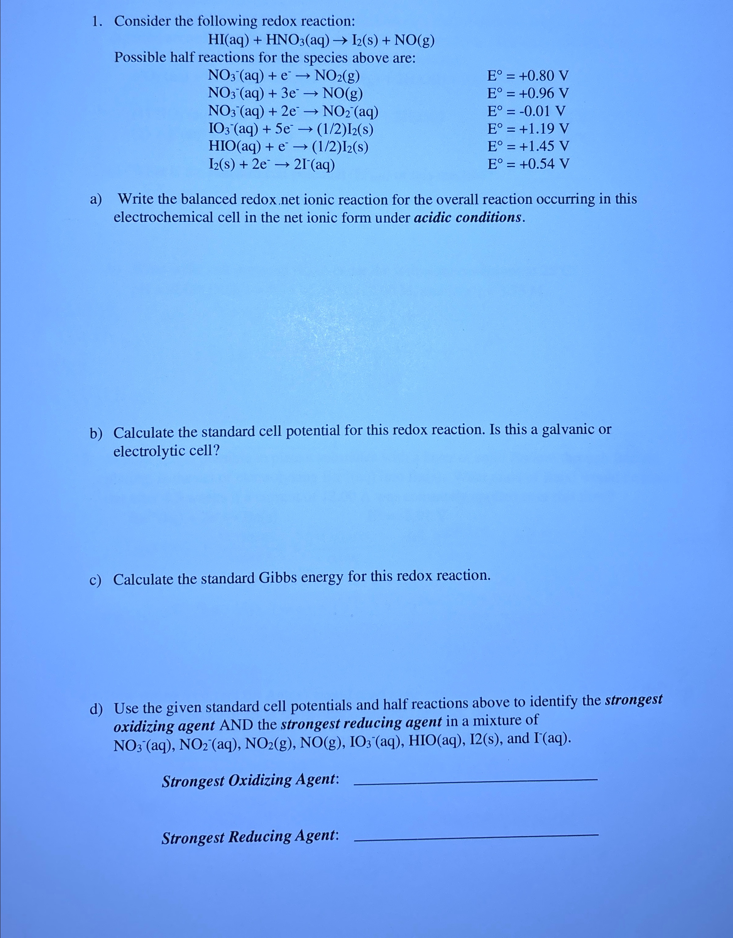 Solved Consider the following redox | Chegg.com
