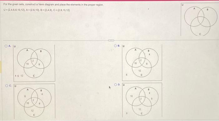 Solved For the given sets, construct a Venn dagram and place | Chegg.com