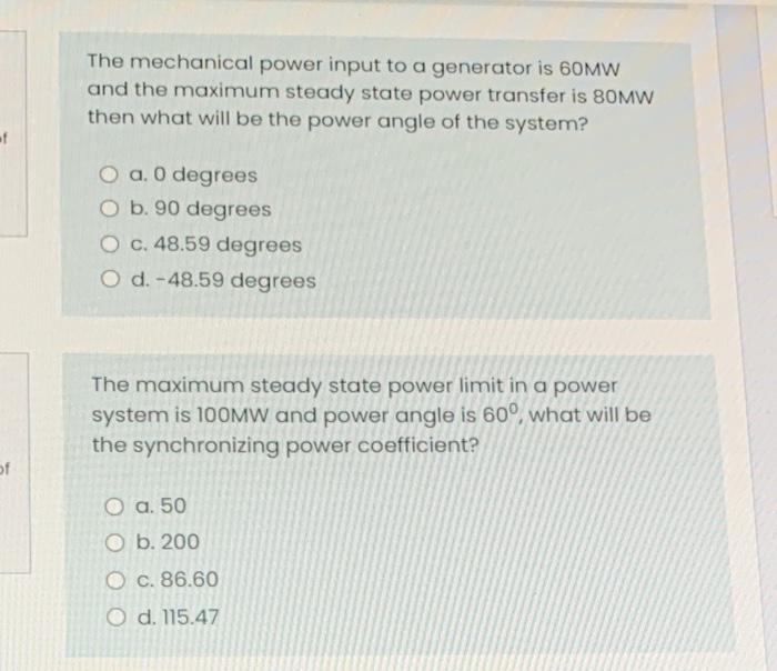 Solved The mechanical power input to a generator is 60MW and | Chegg.com