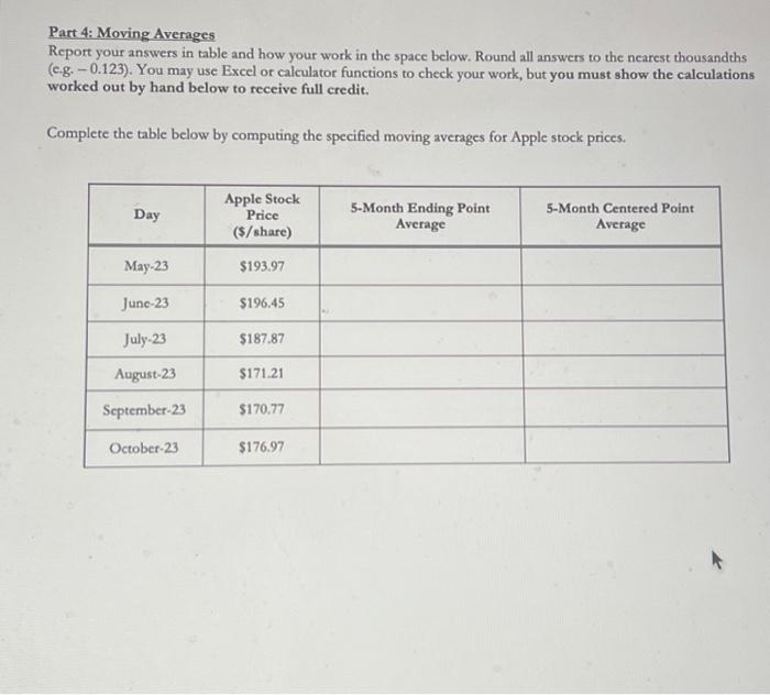 Solved Part 4: Moving Averages Report your answers in table | Chegg.com