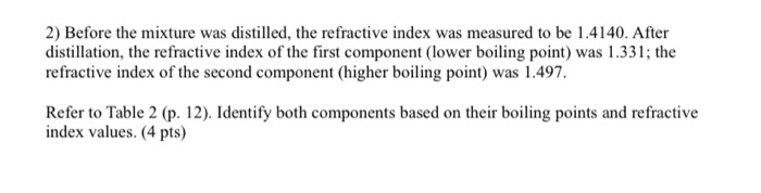 Solved 2) Before the mixture was distilled, the refractive | Chegg.com