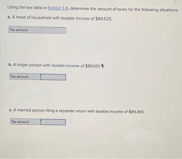 Solved Using the tax table in Exhibit 3-5, determine the | Chegg.com