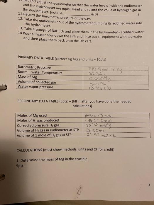 Solved the eudiometer. (note: A and adjust the eudiometer so | Chegg.com