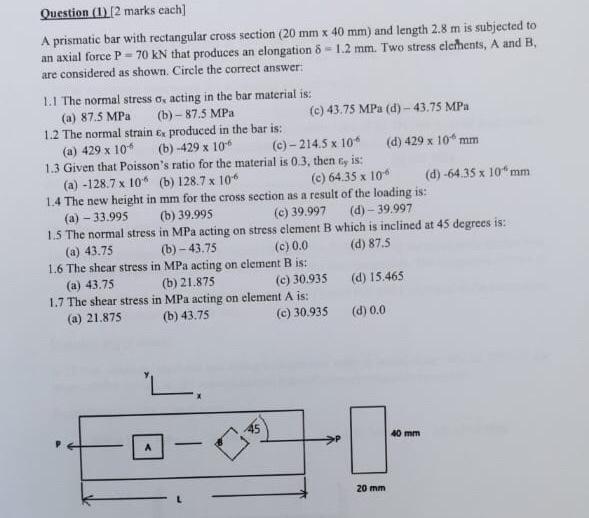 Solved Question (1) [2 marks cach] A prismatic bar with | Chegg.com
