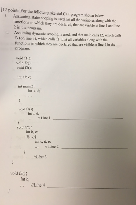 Solved 12 Points Following Skeletal C Program Shown Assuming Static Scoping Used List 
