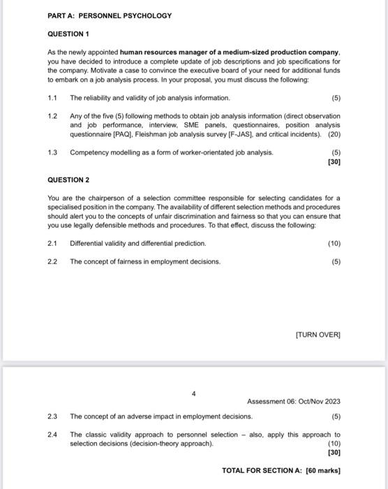 Solved PART A: PERSONNEL PSYCHOLOGY QUESTION 1 As the newly | Chegg.com