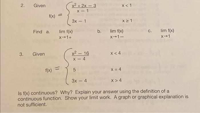 Solved 2. Given f(x)={x−1x2+2x−33x−1x