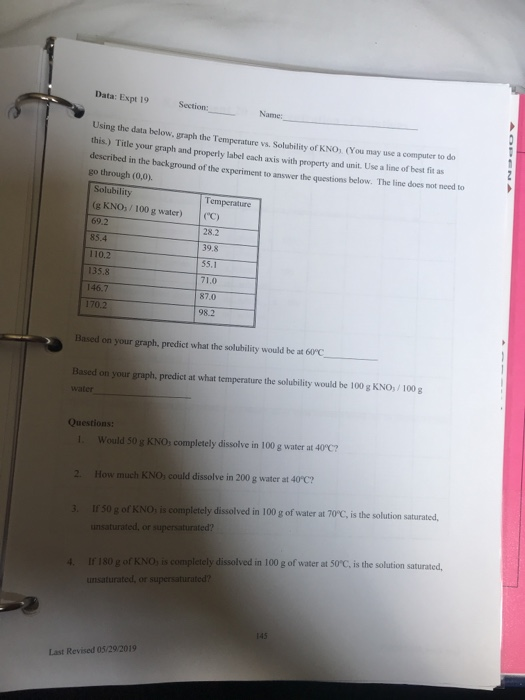 Solved Data: Expt 19 Section Name: Using the data below, | Chegg.com