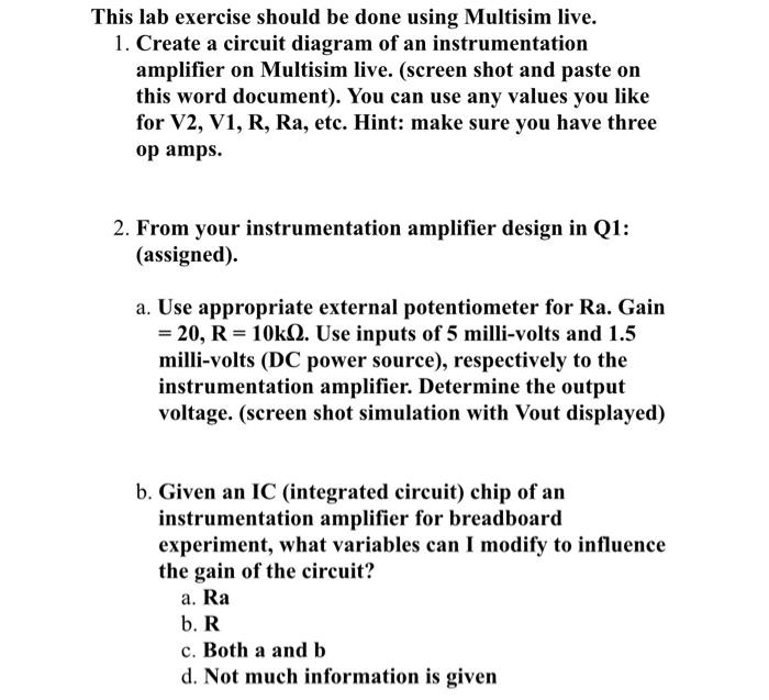 Solved This lab exercise should be done using Multisim live. | Chegg.com