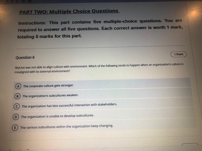 Solved PART TWO: Multiple Choice Questions Instructions: | Chegg.com