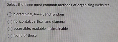 Solved Select the three most common methods of organizing | Chegg.com