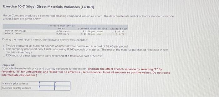 Solved Exercise 10-7 (Algo) Direct Materials Variances | Chegg.com