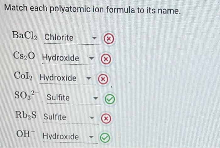 Solved Match each polyatomic ion formula to its name. BaCl2 | Chegg.com