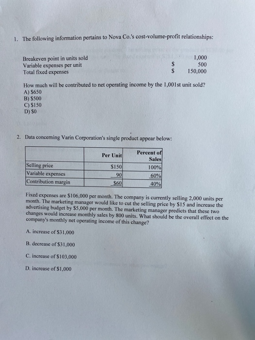 Solved 1. The following information pertains to Nova Co.'s | Chegg.com
