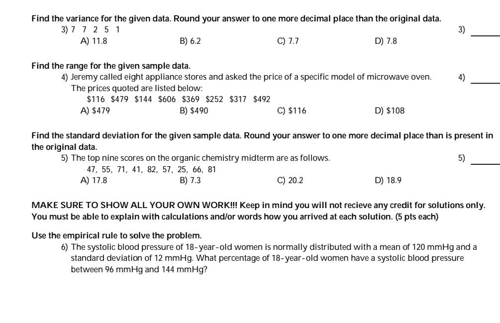 Solved Find the variance for the given data. Round your | Chegg.com