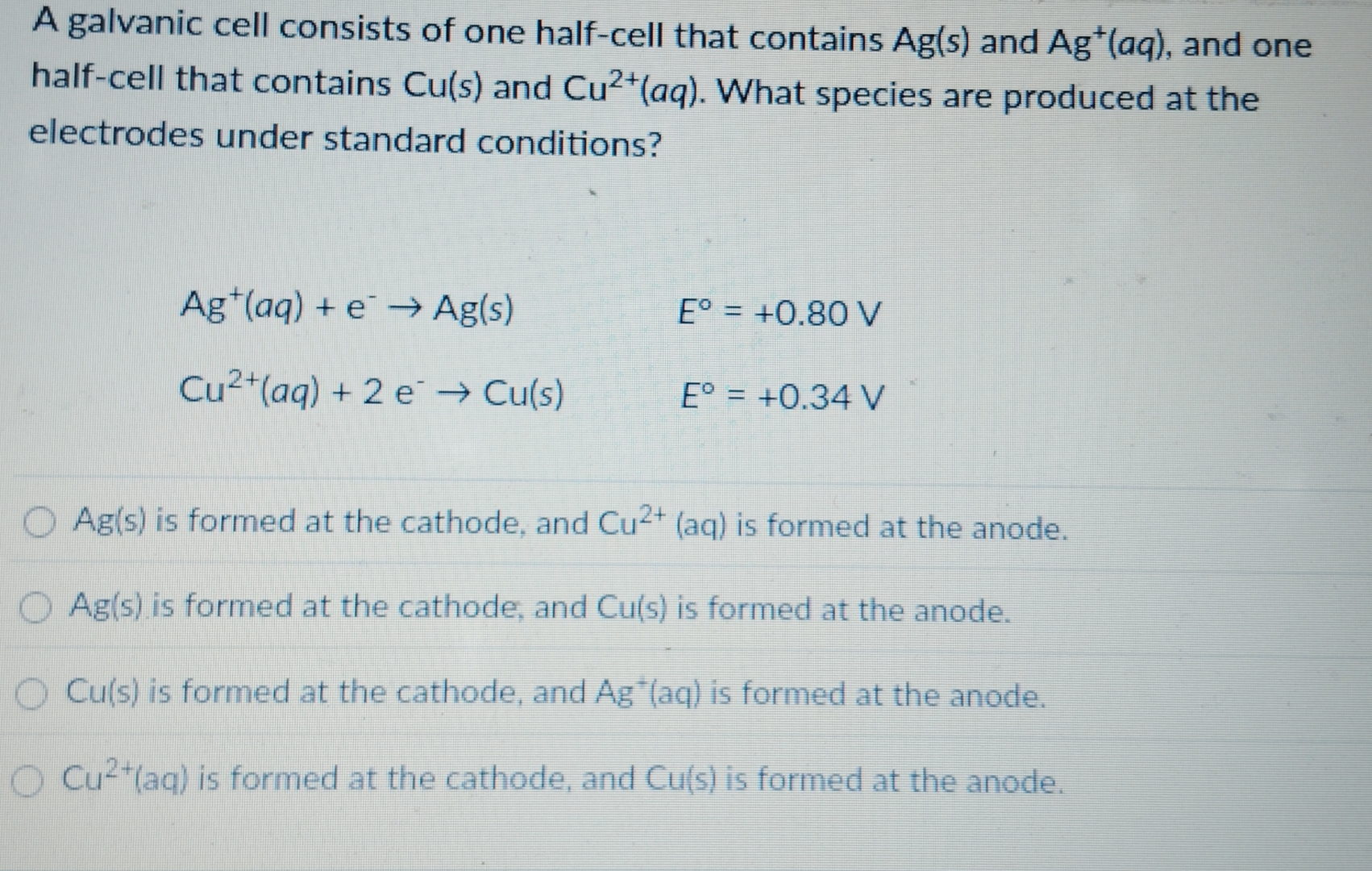 Solved A galvanic cell consists of one half-cell that | Chegg.com
