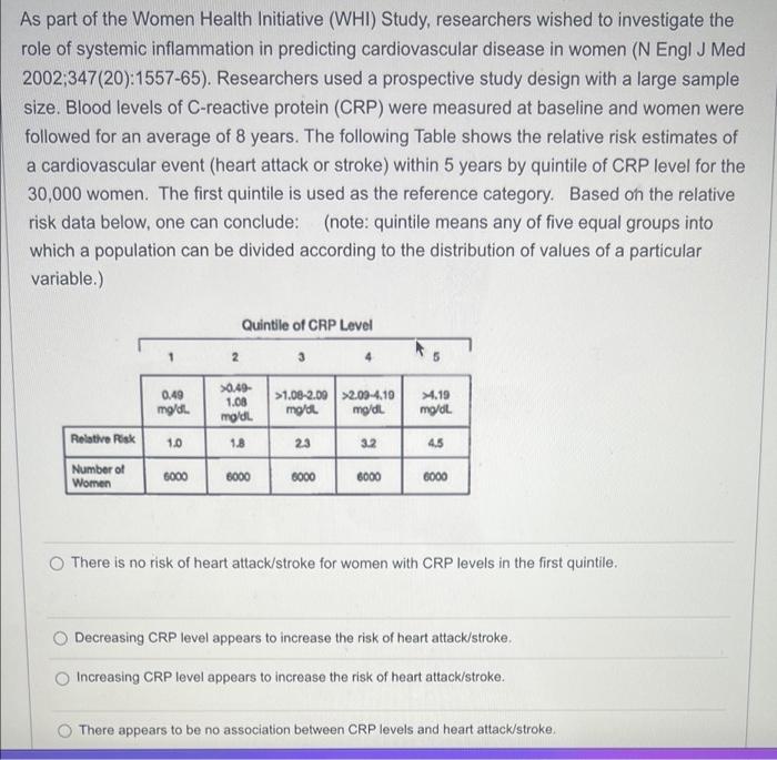 Solved As part of the Women Health Initiative (WHI) Study, | Chegg.com