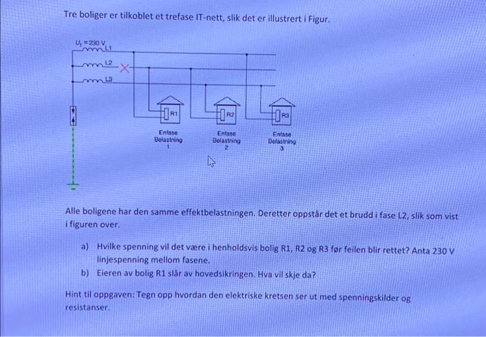 Solved Tre boliger er tilkoblet et trefase IT-nett, slik det | Chegg.com