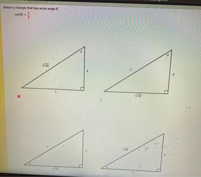 Solved A.) Sketch a triangle that has acute angle θ. cot= | Chegg.com