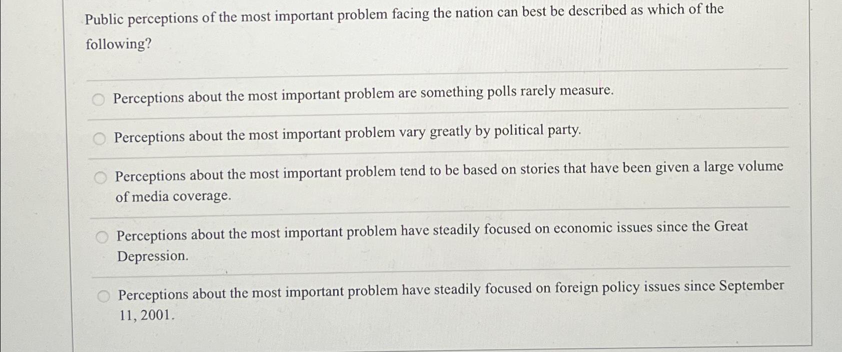 Solved Public perceptions of the most important problem | Chegg.com