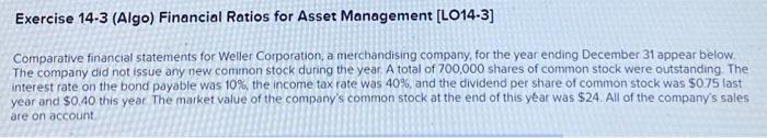 Solved Exercise 14-3 (Algo) Financial Ratios for Asset | Chegg.com