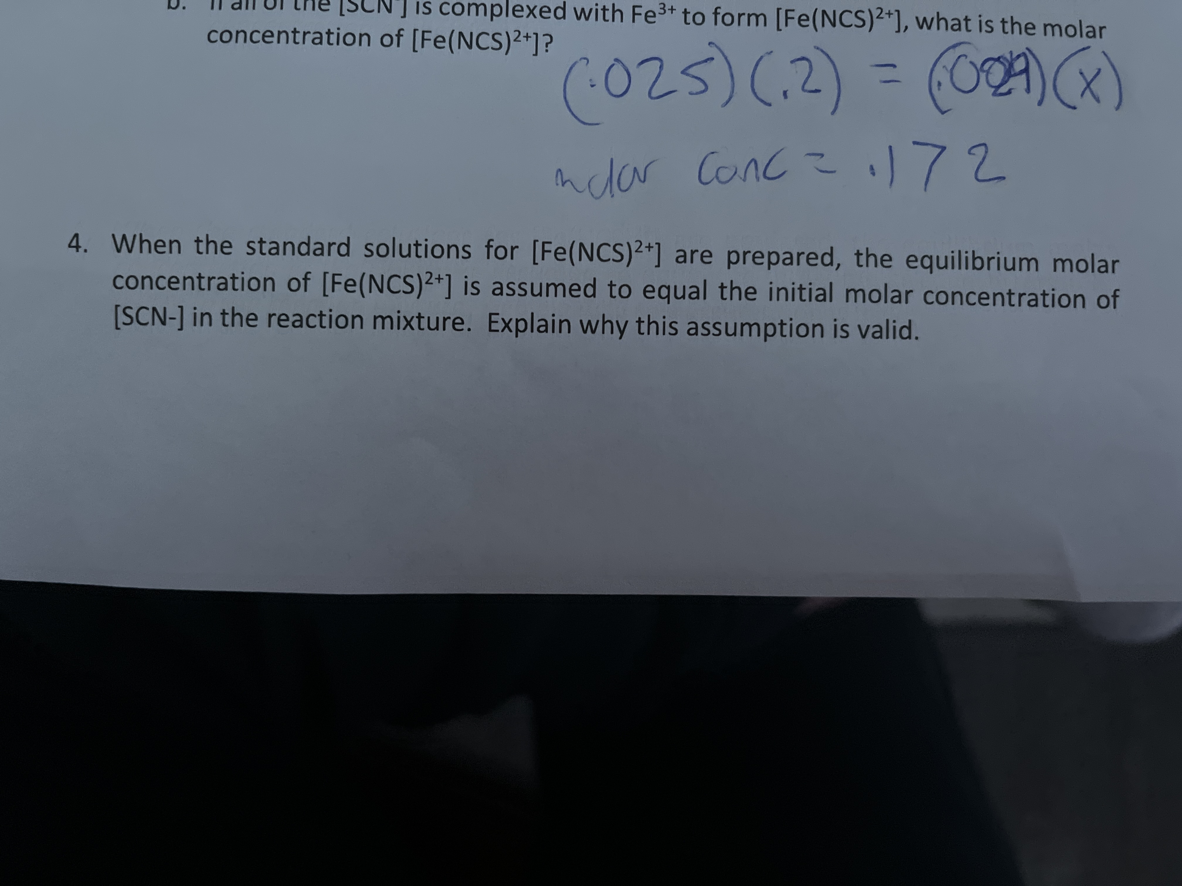 Solved concentration of Fe(NCS)2+ ?(.025)(.2)=(.029)(x) | Chegg.com