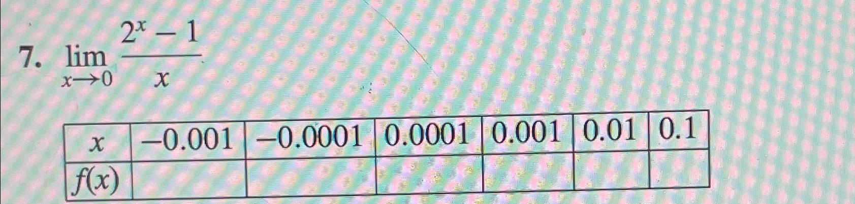 limx→02x-1x\table[[x,-0.001,-0.0001,0.0001,0.001,0.01 | Chegg.com