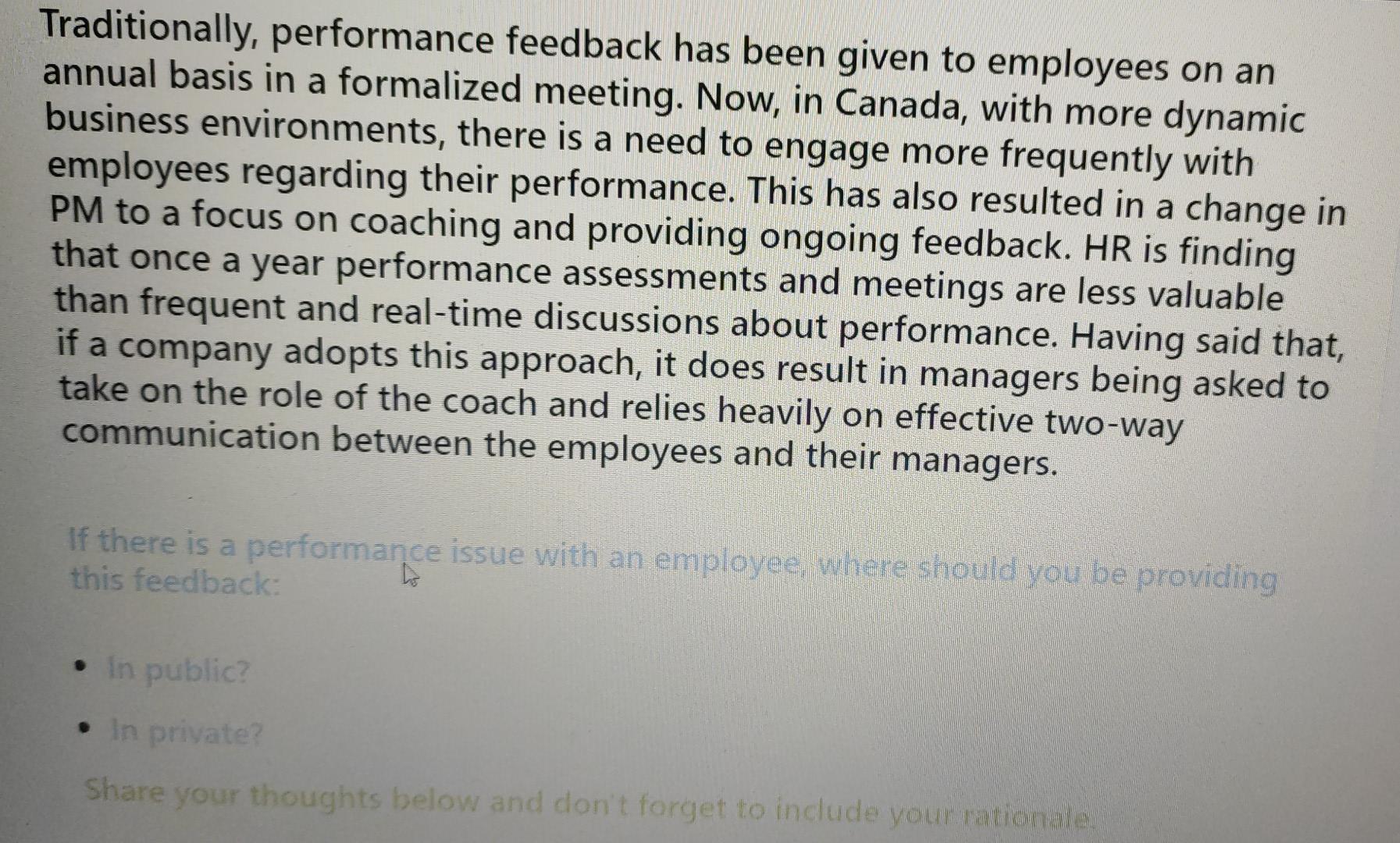 Solved Traditionally, performance feedback has been given to | Chegg.com