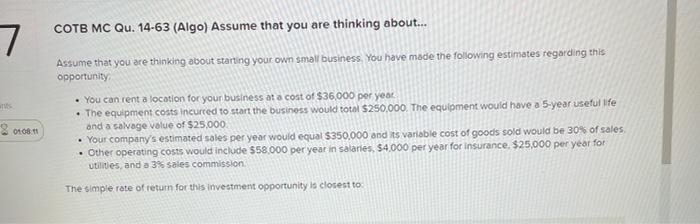 Solved COTB MC Qu. 14-63 (Algo) Assume that you are thinking | Chegg.com